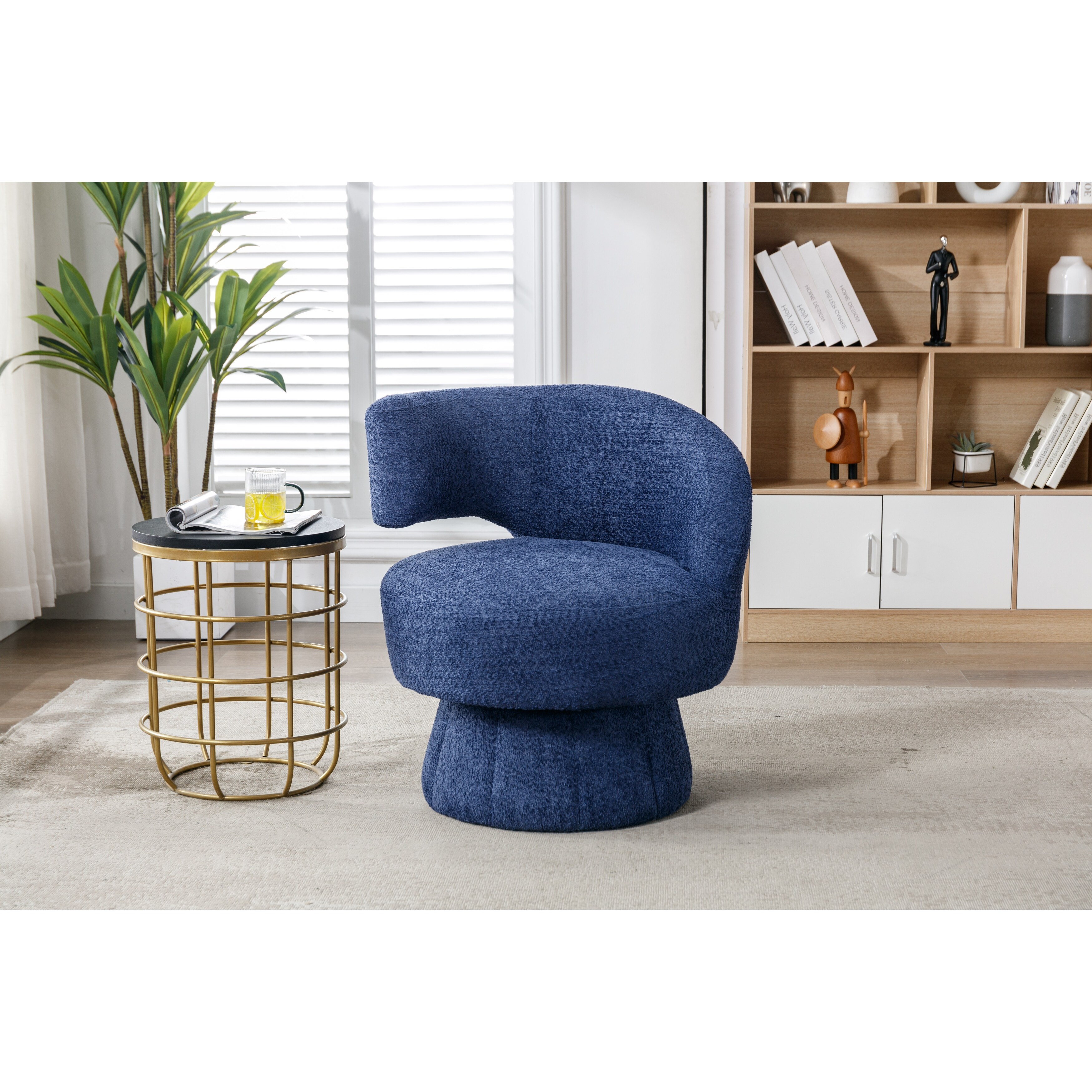 Chenille Swivel Barrel Chairs Navy Cuddle Semi Connected Accent