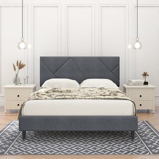 Full Size Linen Sqaure Upholstered Platform Bed With Slat Support Bed