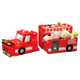All in Fun Wood Fire Engine Toy Box with Train Set - Red - Bed Bath ...