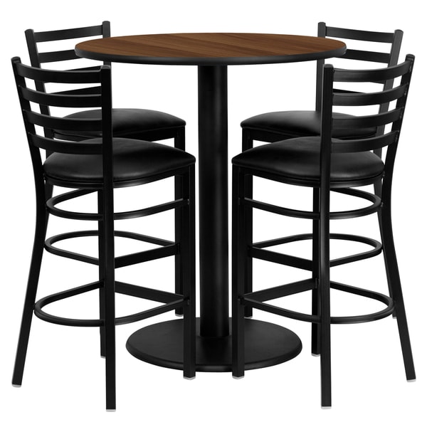 36-inch Round Walnut Laminate Table Set with Four (4) Black Vinyl Seat ...