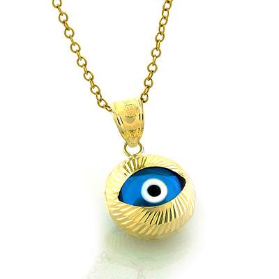 14k Gold Round Blue Evil Eye Good Luck Chain and Pendant - Overstock ...