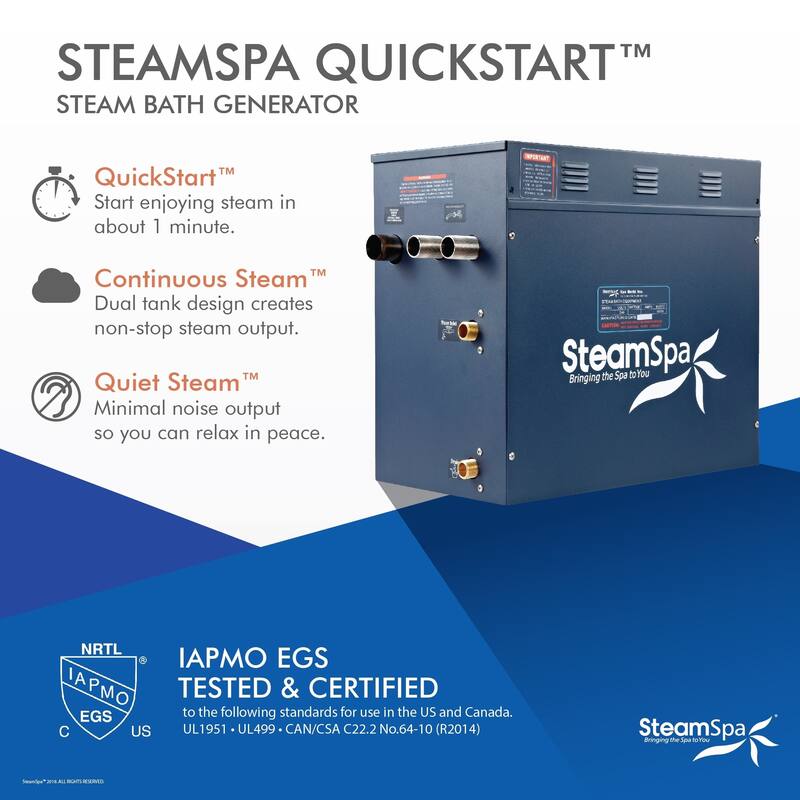 SteamSpa Indulgence 10.5 KW QuickStart Steam Bath Generator Package ...