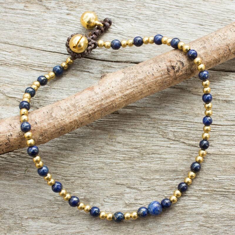 Handmade Brass 'Cheerful Walk' Lapis Lazuli Anklet (Thailand ...