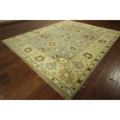 Hand-knotted Oushak Wool Baby Blue-Ivory Border Geometric Rug (8' x 10 ...