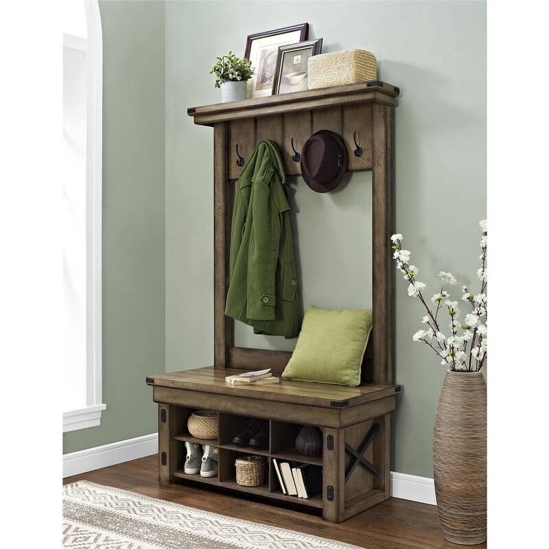 Ameriwood Home Wildwood Wood Veneer Entryway Hall Tree with Storage ...