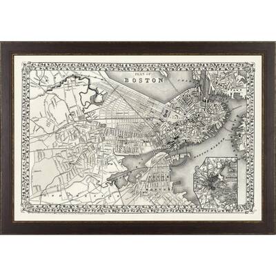 Vintage Framed City Map of Boston Art Print - Brown - Overstock - 10746834