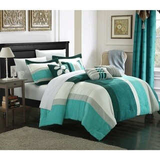 Chic Home Valley 11-Piece Plush Turquoise Microsuede Striped Comforter ...