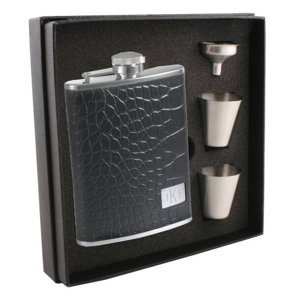 Visol Gator Black Crocodile Leather Supreme Flask Gift Set - 6 ounces ...