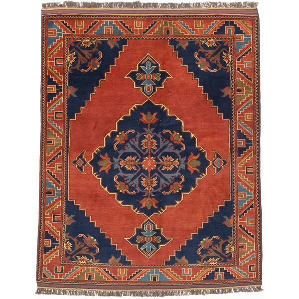 Uzbek Kargahi Copper Wool Medallion Corners Rectangular Rug (5'4 x 6'8 ...