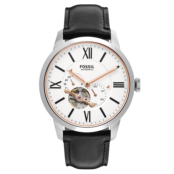Shop Fossil Mens Townsman Automatic White Dial Black Leather Watch