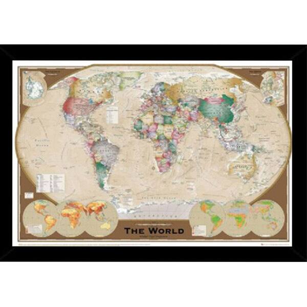 World Map Triple Print with Traditional Black Wood Frame (36 x 24 ...