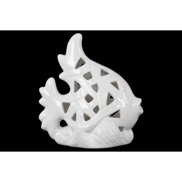 Glossy White Finish Ceramic Perforated Fish on Seaweed Base Figurine ...