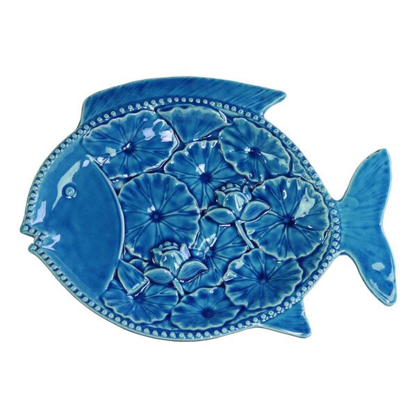 Ceramic Gloss Finish Blue Fish Platter with Floral Design - Bed Bath ...