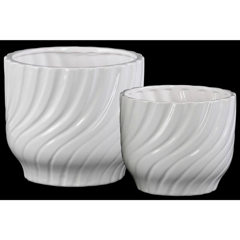 Ceramic Gloss Finish White Rippled Round Pots with Tapered Bottom (Set ...