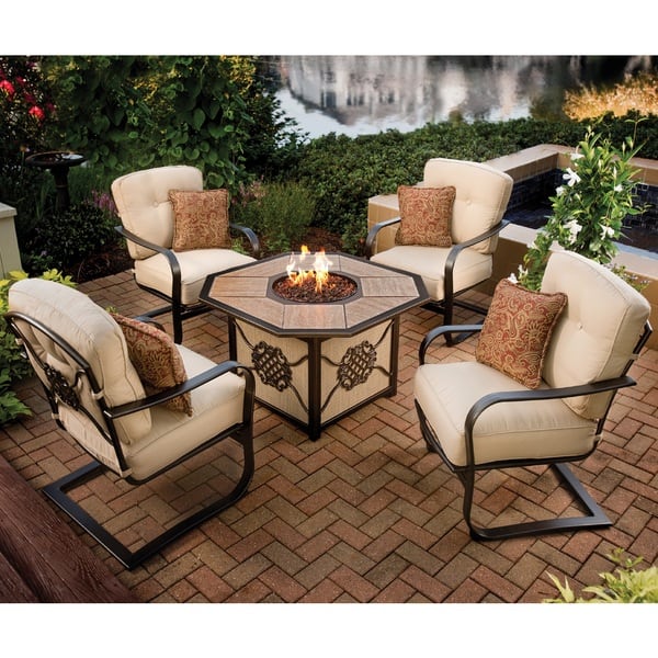 Premium Memorial 5-piece Porcelain Octagon Gas Firepit Table Chat Set ...