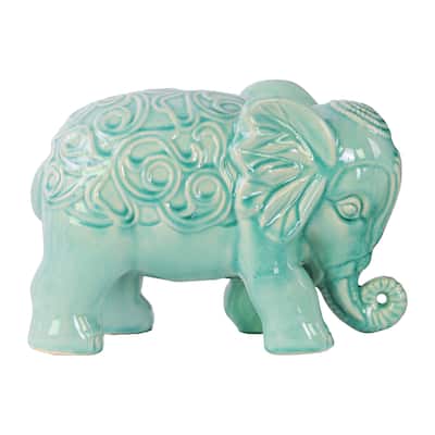 Ceramic Gloss Finish Sky Blue Standing Elephant Figurine with Embossed ...