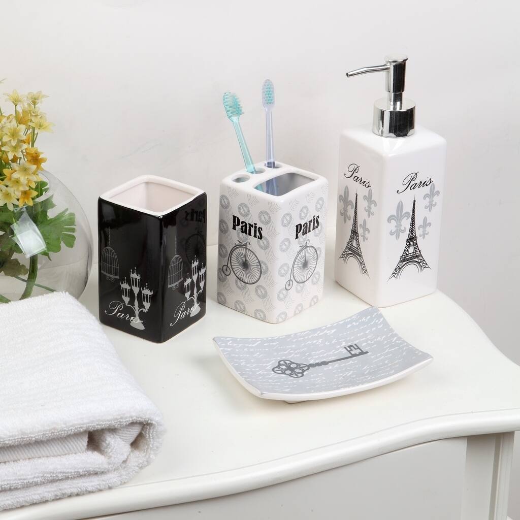 4-piece Ceramic Black and White Travel Bath Set - Overstock - 11069744