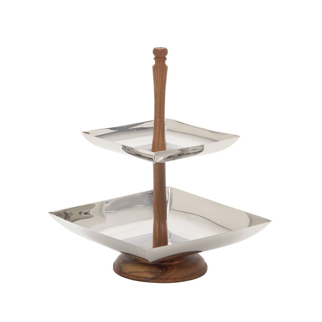 Stainless Steel Wood 2 Tier Tray 10-inch x 16-inch - Overstock - 11335838