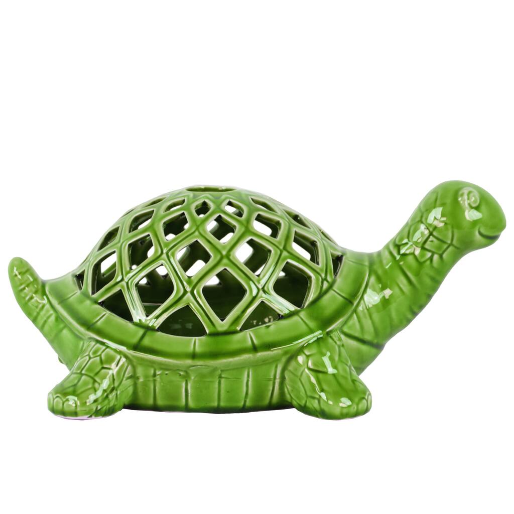 Glossy Blue Finish Ceramic Diamond Cutout Design Standing Turtle ...