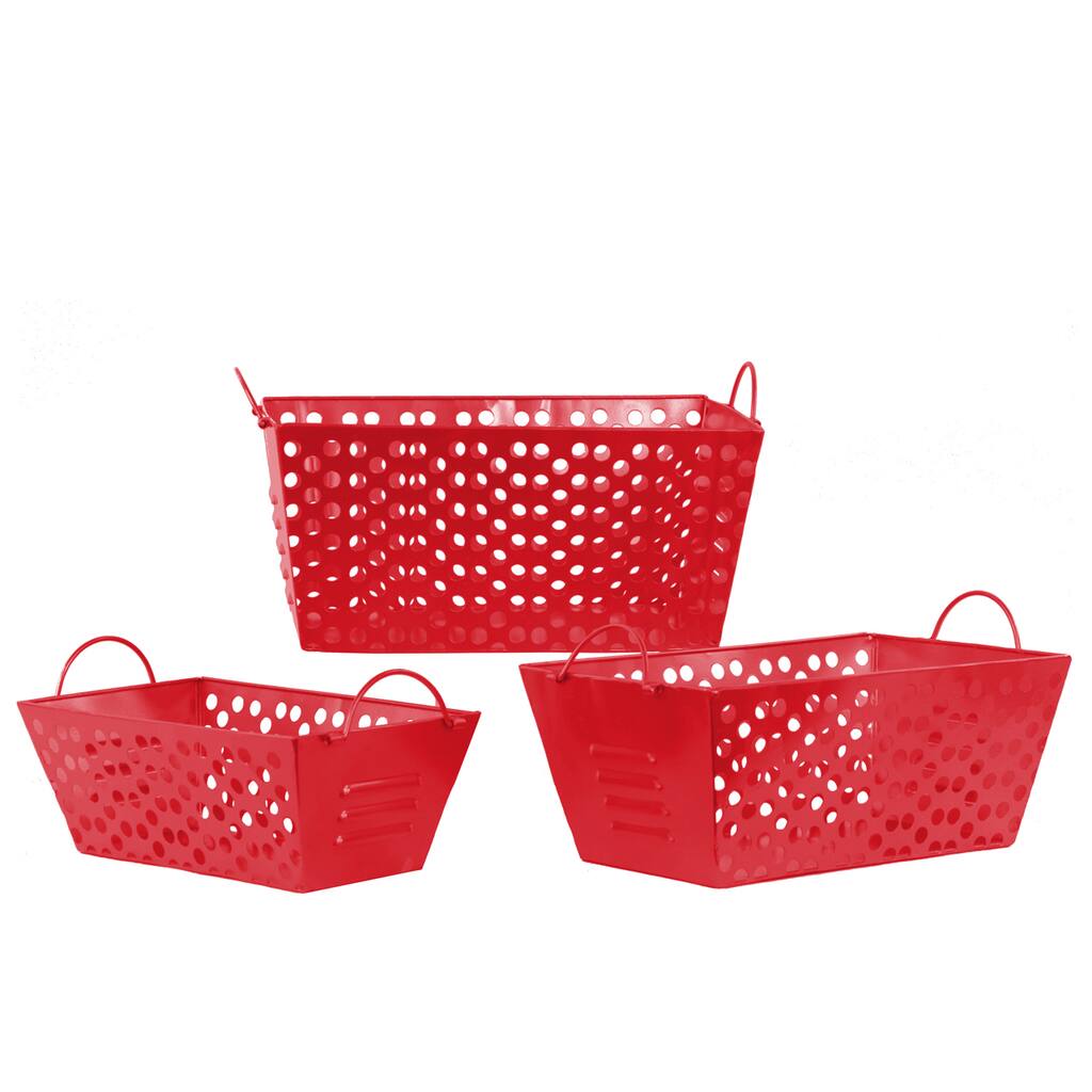 Gloss Finish Red Metal Rectangular Basket with Metal Handles and ...