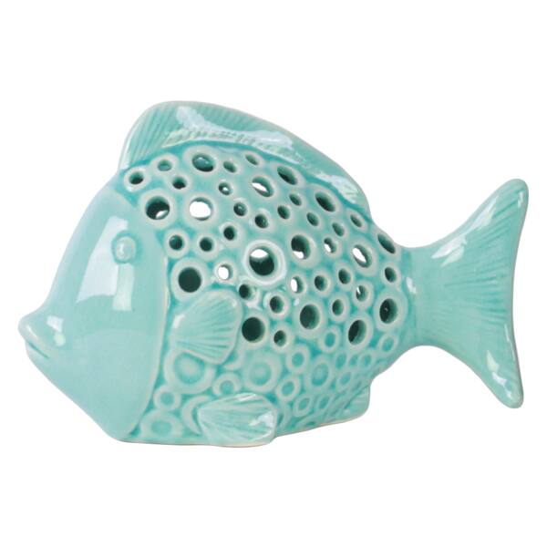 Ceramic Fish Figurine with Round Cutout Sides Gloss Finish Light Blue ...