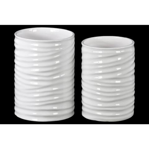 Gloss Finish White Ceramic Tall Cylinder Pot with Ribbed Design Body ...