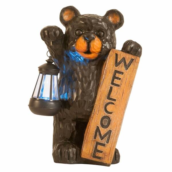 Sunjoy Welcome Bear Statue with Solar LED Lantern, Hand Painted Resin ...