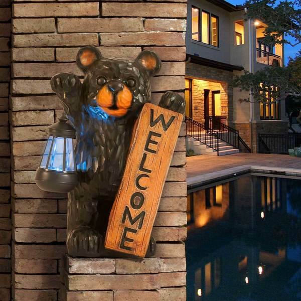 Sunjoy Welcome Bear Statue with Solar LED Lantern, Hand Painted Resin ...