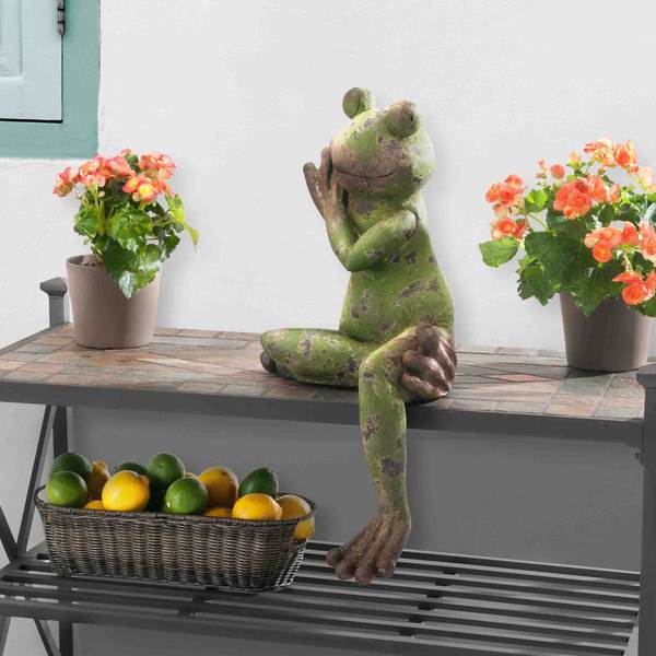 Sunjoy Large Sitting Frog Garden Statue, Resin with Rustic Green Finish ...