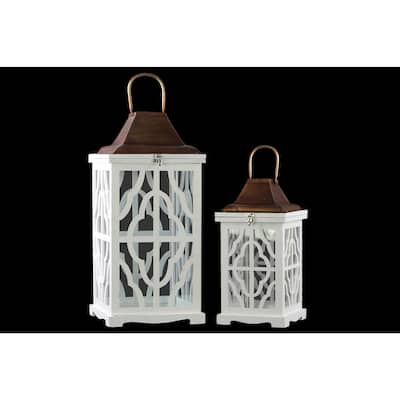 Coated White Finish Wood Rectangular Lantern with Cooper Pierced Metal ...
