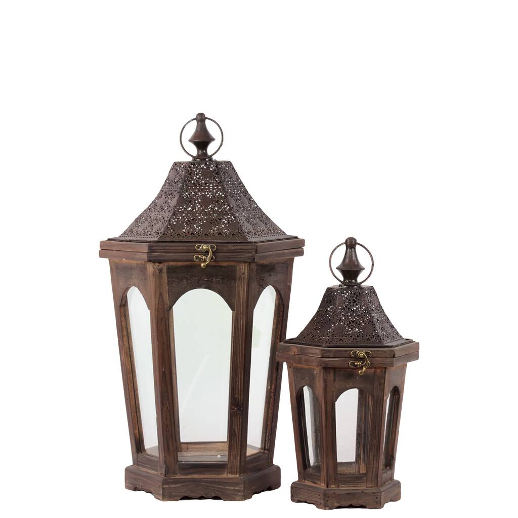 Wood Hexagonal Lantern with an Opening Top (Set of 2) - Overstock ...