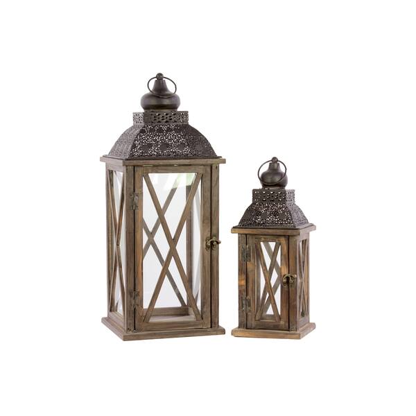 Wooden Square Lantern with Cross Section Glass Windows (Set of 2) - Bed ...