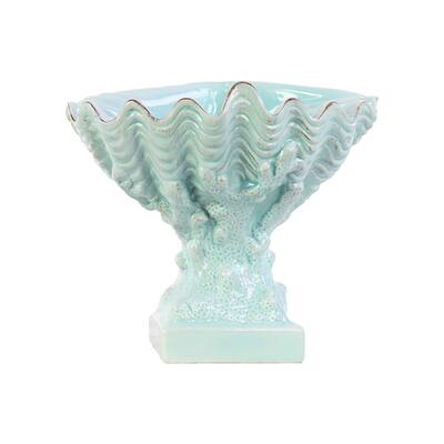 Light Cyan Ceramic Open-valve Clam Seashell Sculpture on Coral Pedestal ...