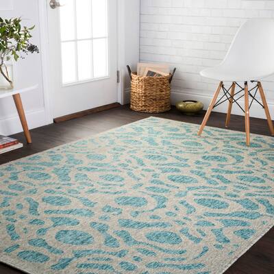 Indoor/ Outdoor Hudson Aqua/ Grey Rug - Overstock - 11706372