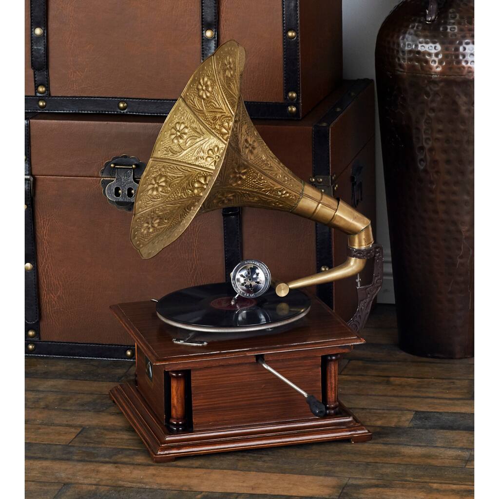 Copper Wood Functional Gramophone with Record - 18L x 16W x 28H ...