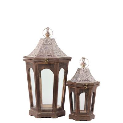 Classic Lamp Post Design Wooden Lantern (Set Of 2) In Antique Brown ...