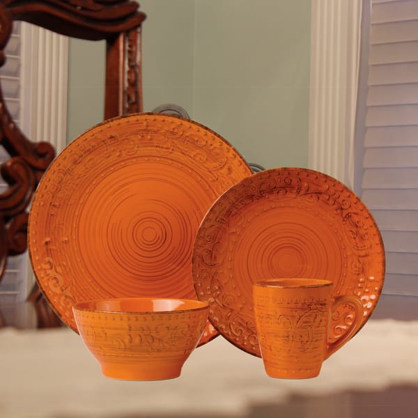 Lorren Home Trends Distressed Finish Orange Stoneware 16-piece Round ...