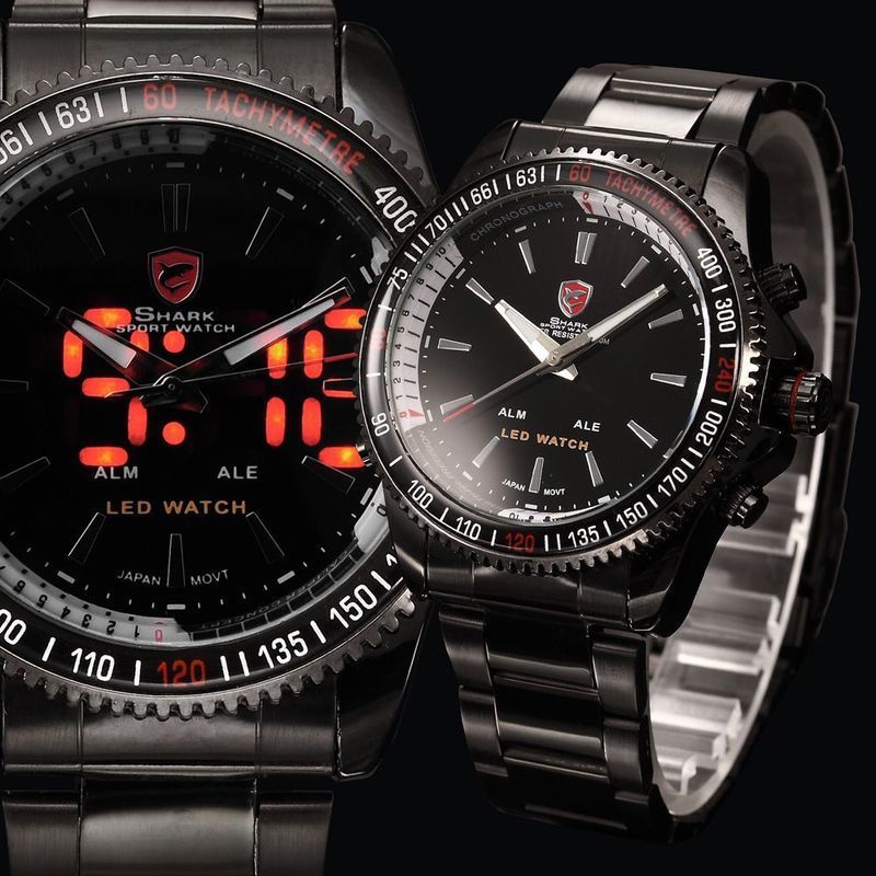 Men's Watches - SHARK Black Ion Digital Dual Movement Alarm Stainless ...