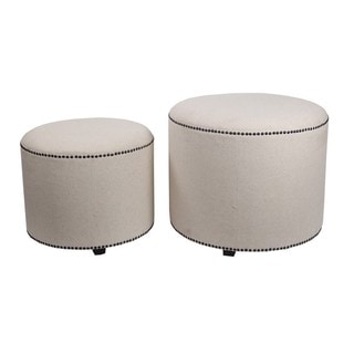 Privilege Beige Wood/Vinyl Fabric Contemporary Round Ottomans (Set of 2 ...