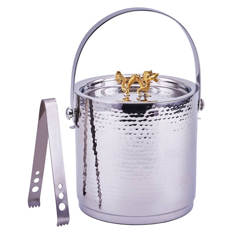 'Dragon' Handle Hammered Ice Bucket Stainless Steel With Lid and Ice ...