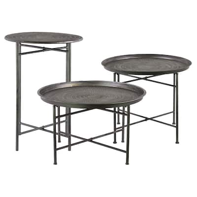 Set of 3 Metal Round Tables with Crossed Legs and Surface Engraving ...