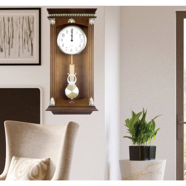 Traditional Gold/Walnut-finished Wood/Resin Wall Mounted Pendulum Clock ...