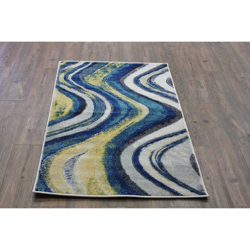 Blue and Yellow Wave Area Rug - 2'7 x 5' - Overstock - 12315286