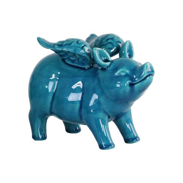 Turquoise Ceramic Gloss-finished Standing Winged Pig Figurine - Bed ...