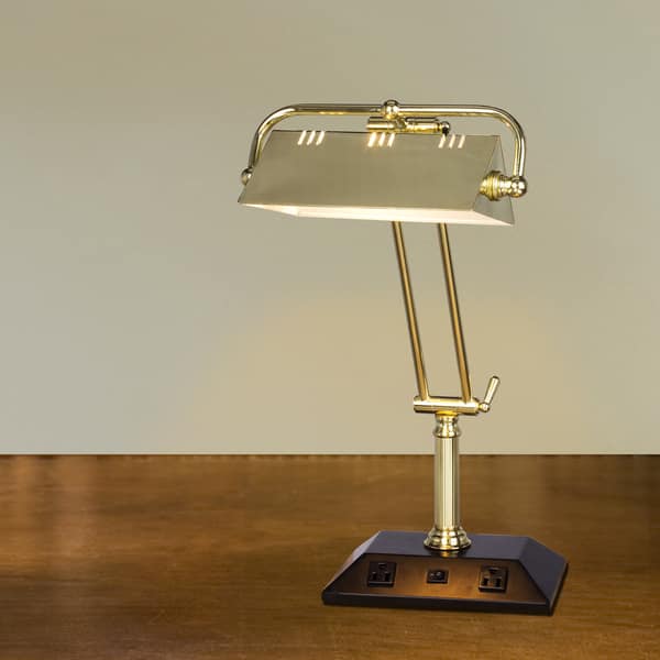 24 in. Adjustable Satin Brass Tech Table Lamp w/2 base Outlets - Bed ...