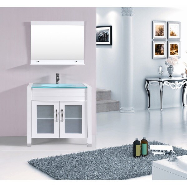 Eviva Roca 36 Inch White Bathroom Vanity cabinet with Integrated Glass Tempered Sink