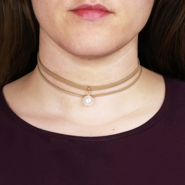 Shop Handmade Saachi Nude Leather Choker With Faux Pearl China Free Shipping On Orders Over