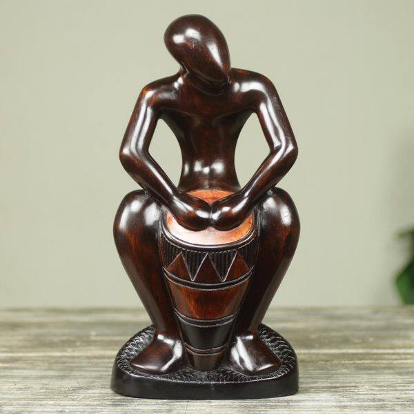 Handcrafted Ebony Wood 'Kpanlogo Drummer' Sculpture (Ghana) - Bed Bath ...