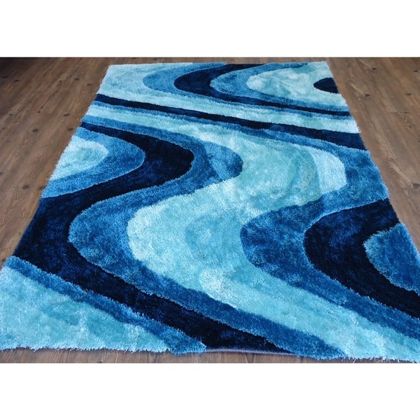 Vibrant Waves Hand-tufted Turquoise Blue and Navy Blue Shag Area Rug ...