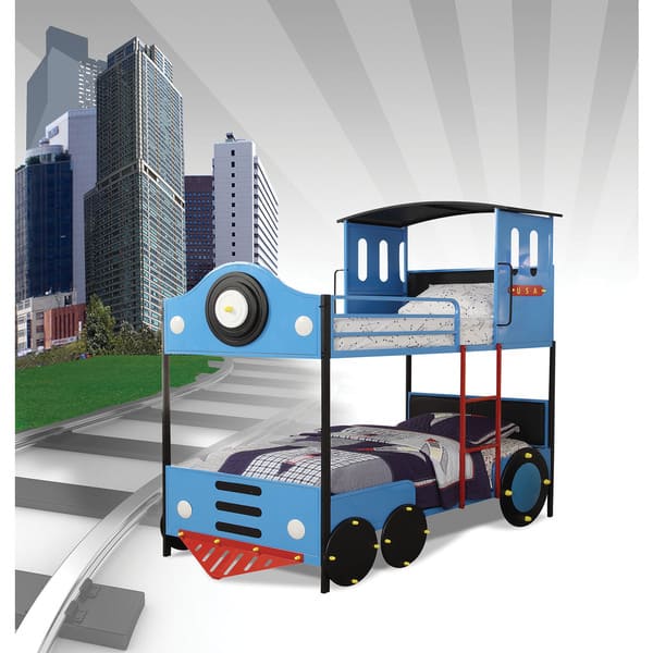 Tobi Youth Twin over Twin Bunk Bed, Blue & Black Train Theme - Bed Bath ...